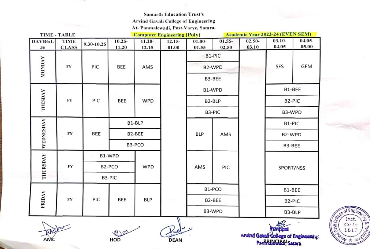 Computer Engineering Diploma Timetable/ Academic Calendar