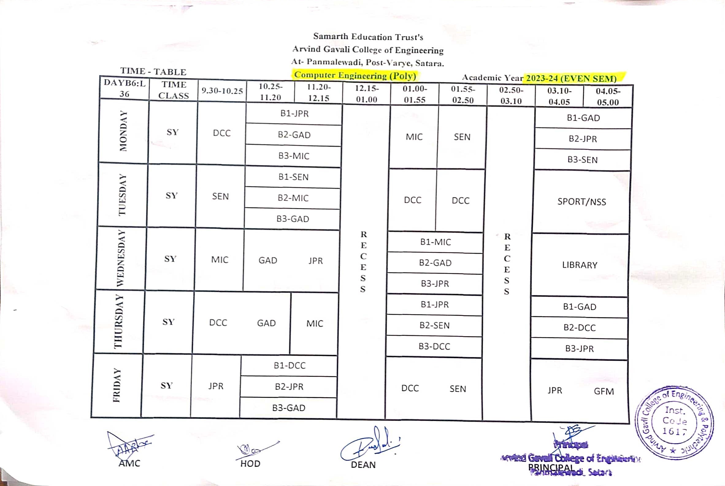 Computer Engineering Diploma Timetable/ Academic Calendar
